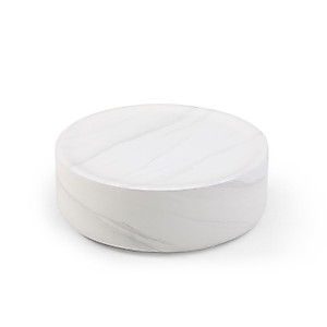 WILLIAMSPACE 35.43" Round White Coffee Table with Marble Texture, Modern Drum Circle Fiberglass Coffee Table Side Table End Table for Living Room, ø35.43"*11.81"H (White-Low Coffee Table)