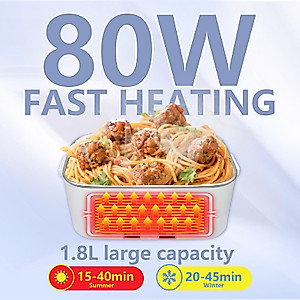 MQHOBO 【2023 Upgraded】 Electric Lunch Box 80W Food Heater for Adults, Heated Lunch Box for Men, Portable Food Warmer,3-In-1 Heating Lunch Box for Work,1.8L Removable 304 Stainless Steel Container