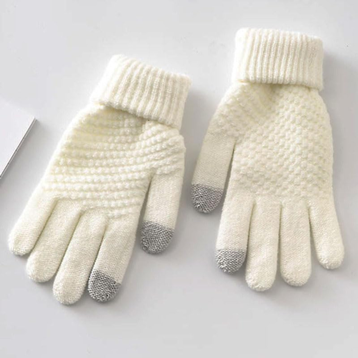 Eseres Beige Gloves for Women Warm Gloves Unisex Knitted Warm Gloves for Women Touch Screen Fleece Lined Stretchy Mittens Women - Beige
