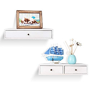 Emfogo Floating Shelf with Drawer Small Rustic Wood Wall Shelves for Storing and Displaying Multiuse Shelf Pack of 2