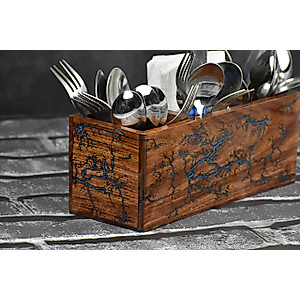 Utensil Caddy Silverware Cutlery Holder with 3 Compartment, Wooden Utensil Crock Flatware Organizers with Iron Stand, Rustic Kitchen Utensil Organizers for Farmhouse Kitchen and Countertop