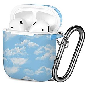 [ Compatible with AirPods 2 and 1 ] Shockproof Soft TPU Gel Case Cover with Keychain Carabiner for Apple AirPods (Clouds)