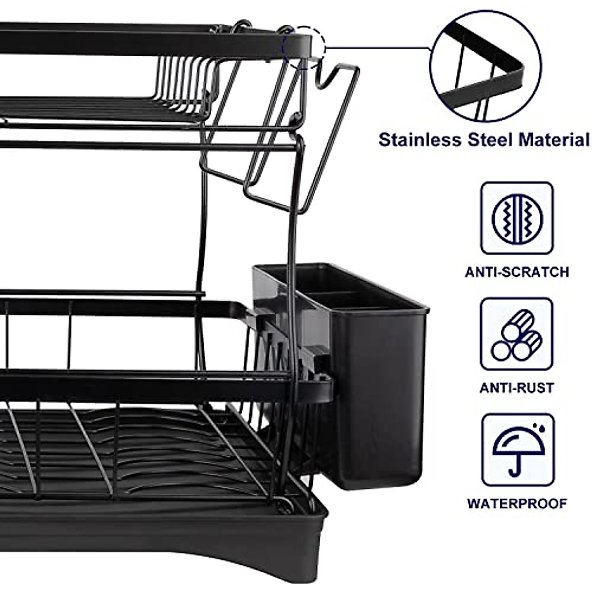 etship Dish Drying Rack with Drainboard Set, Stainless Steel 2 Tier Large Dish Racks for Kitchen Counter, Dish Drainer with Utensil Holder, Dish Strainers with Extra Drying Mat (Black)
