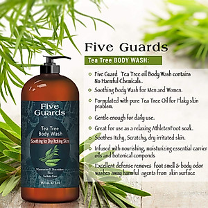 FIVE GUARDS Tea Tree Oil Body Wash With Mint Removes Body Odor, and more. Botanical Shower Gel Soap Women & Men with Oregano, Rosemary, Cinnamon oil - 16 fl oz