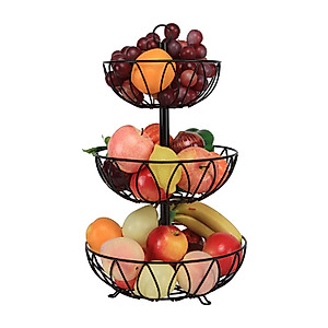 Rice rat 3-Tier Fruit Bowl Metal Wire Fruit Basket Bread Vegetable Organizer Storage Organizer Black Cast Iron