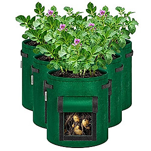 VIVOSUN 5-Pack 10 Gallon Potato Grow Bags, Fabric Pots with Handle and Roll-up Window, Green