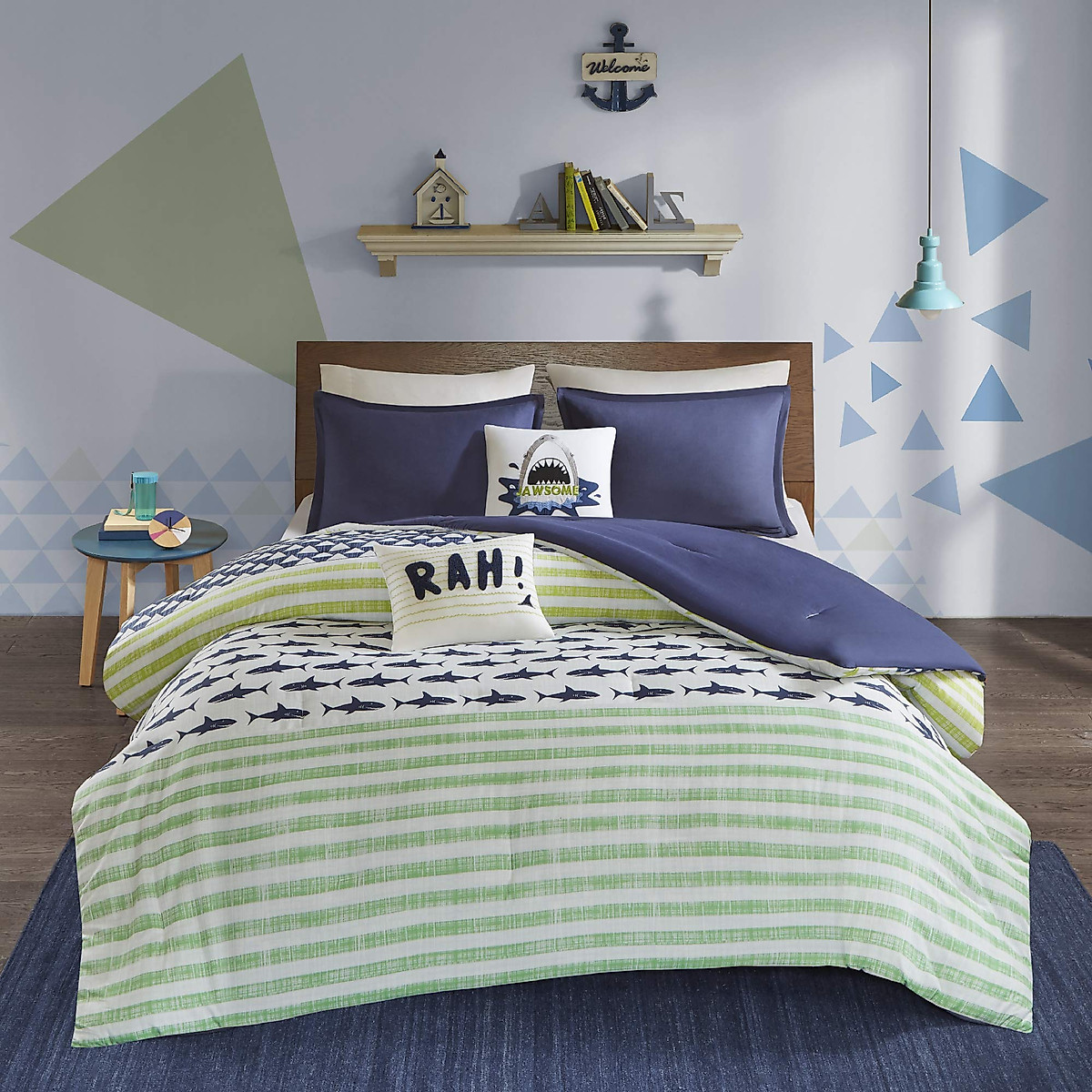 Urban Habitat Kids 100% Cotton Comforter Set-Fun Print and Vibrant Color Modern Design All Season Cozy Bedding,Matching Shams,Decorative Pillow, Full/Queen,Shark Stripes Green/Navy with 2dec pillows