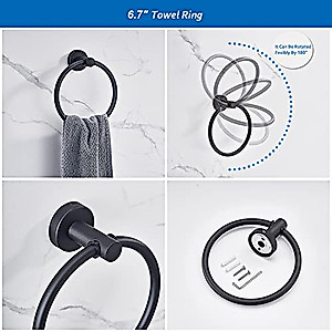Starknows 6 PCS Bathroom Hardware Set, Matte Black Stainless Steel Bathroom Accessories Towel Rack Set Round Wall Mounted, Include 16inch Towel Bar, Toilet Paper Holder, Towel Ring, 3 Robe Towel Hooks
