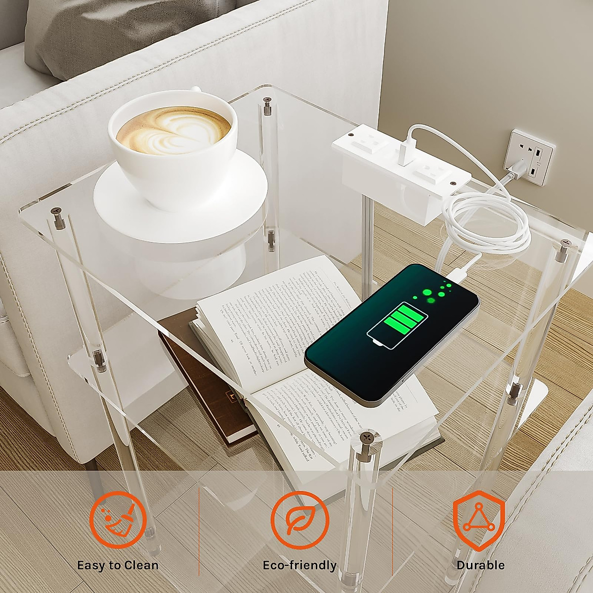 Eglaf Acrylic Side Table with Charging Station - Clear Nightstand End Table with USB Ports and Outlets - Small Bedside Table for Bedroom, Living Room, 15'' L x 11.8'' W x 23.6'' H, 3 Tier