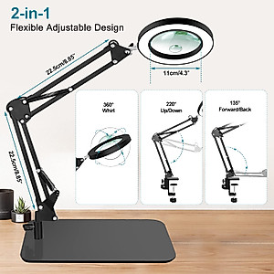 5X & 10X Magnifying Glass with Light and Stand, NAKOOS 2-in-1 Magnifying Lamp, 3 Color Modes Stepless Dimmable Lighted Magnifier with Large Base & Clamp for Craft Soldering Painting Hobby Close Work