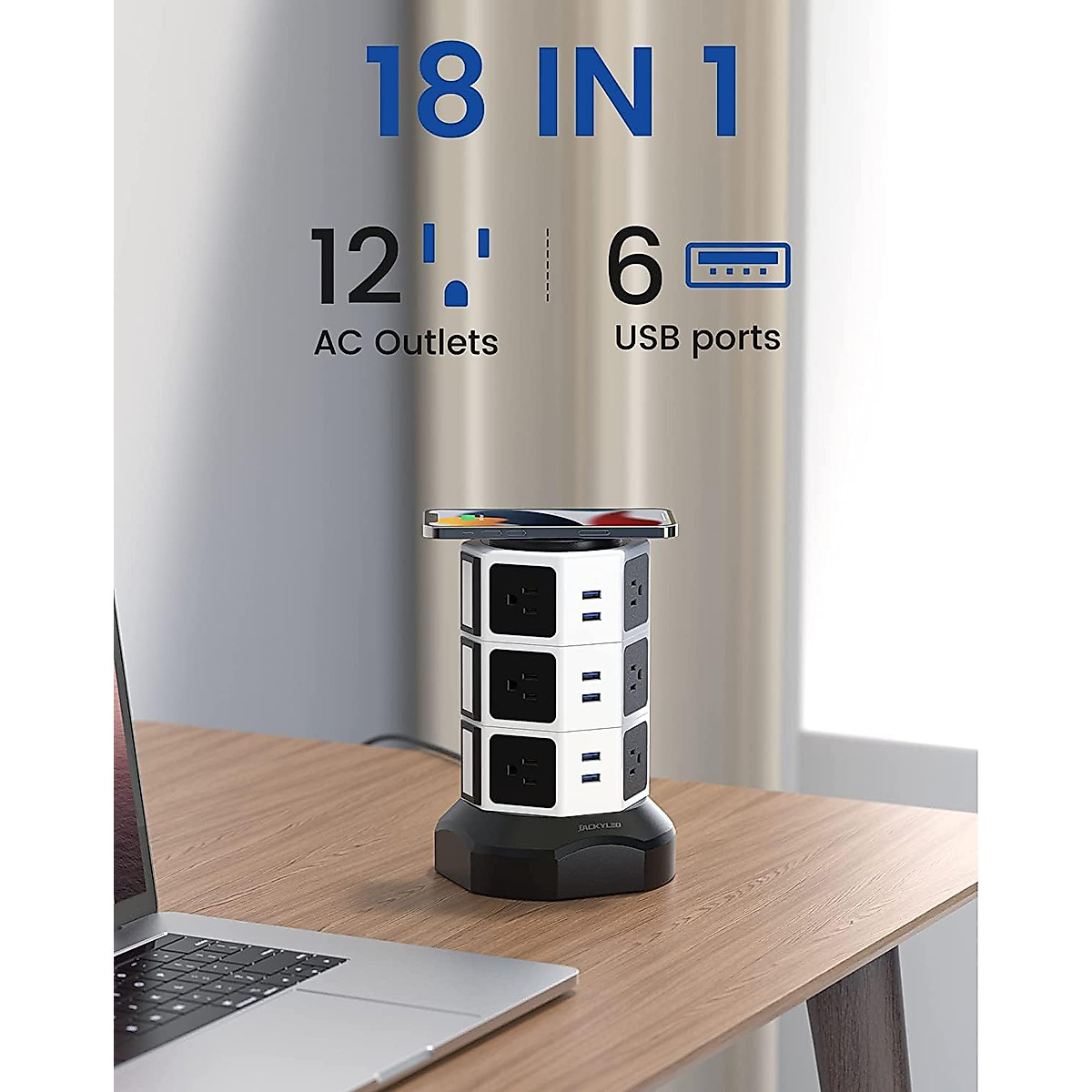 Power Strip Tower with Wireless Charger - Surge Protector with USB, JACKYLED Electric Outlet 13A 10 AC Outlets 4 USB Ports 6.5ft Extension Cord for School Dorm Office Home Desktop Computer White Black