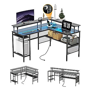 WASAGUN 55" Gaming Desk L Shaped with Power Outlet and LED Lights,Corner Computer Desk with Monitor Stand Storage Shelves for Home Office Gamer Desk