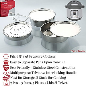 Dubbas - Premium Quality 3 Tier Stainless Steel Stacking Insert Pans/Steamer Compatible with 6 Quart Instant Pot Cooker PIP w/Lids/Plates & Trivet/Sling to Cook, Serve, Store & Reheat
