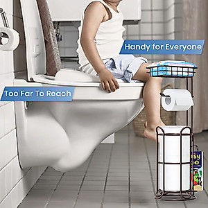 Toilet Paper Holder Free Standing with Shelf Bathroom Magazine Holder Bath Tissue Roll Holder for Mega Rolls/Phone/Wipe-Bronze