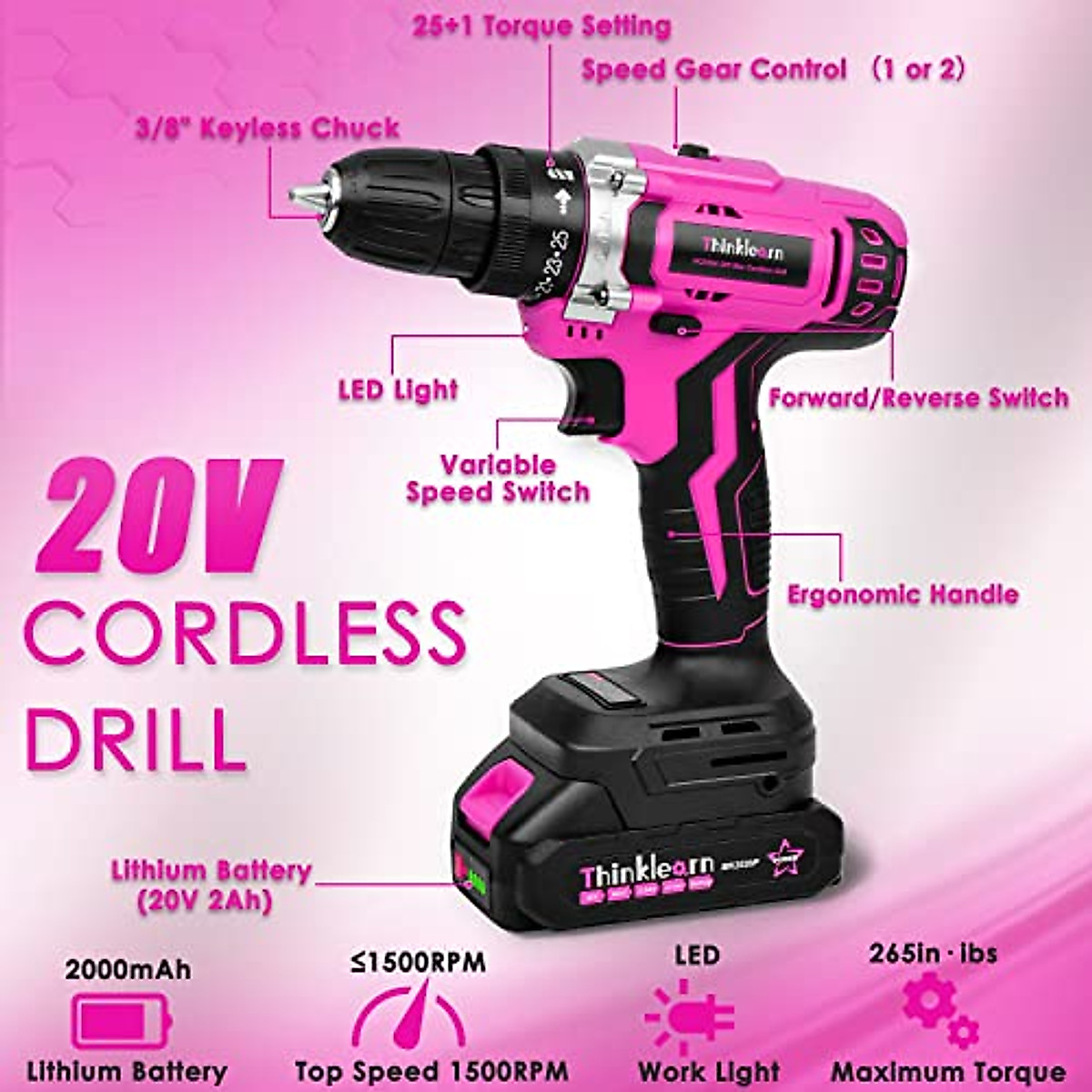 ThinkLearn Tool Kit with 20V Cordless Drill(265in-lbs), Pink Drill Set for Women, Lady's Home Tool Kit for DIY, Daily Repair Tool Set as a Creative Gift with a Large-Capacity Tool Storage Bag