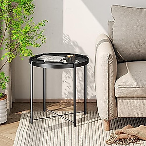 Fixwal End Table, Metal Side Table Black Round End Table Sofa Small Table with Removable Tray for Living Room Bedroom Balcony Patio and Office