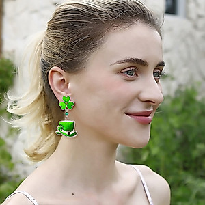 St. Patrick's Day Earrings, St Patricks Day Accessories, Shamrock Earrings, Stud Earrings for Women, 3-leaf Clover with Green Top Hat Drop Dangle Earrings for Women, E04A