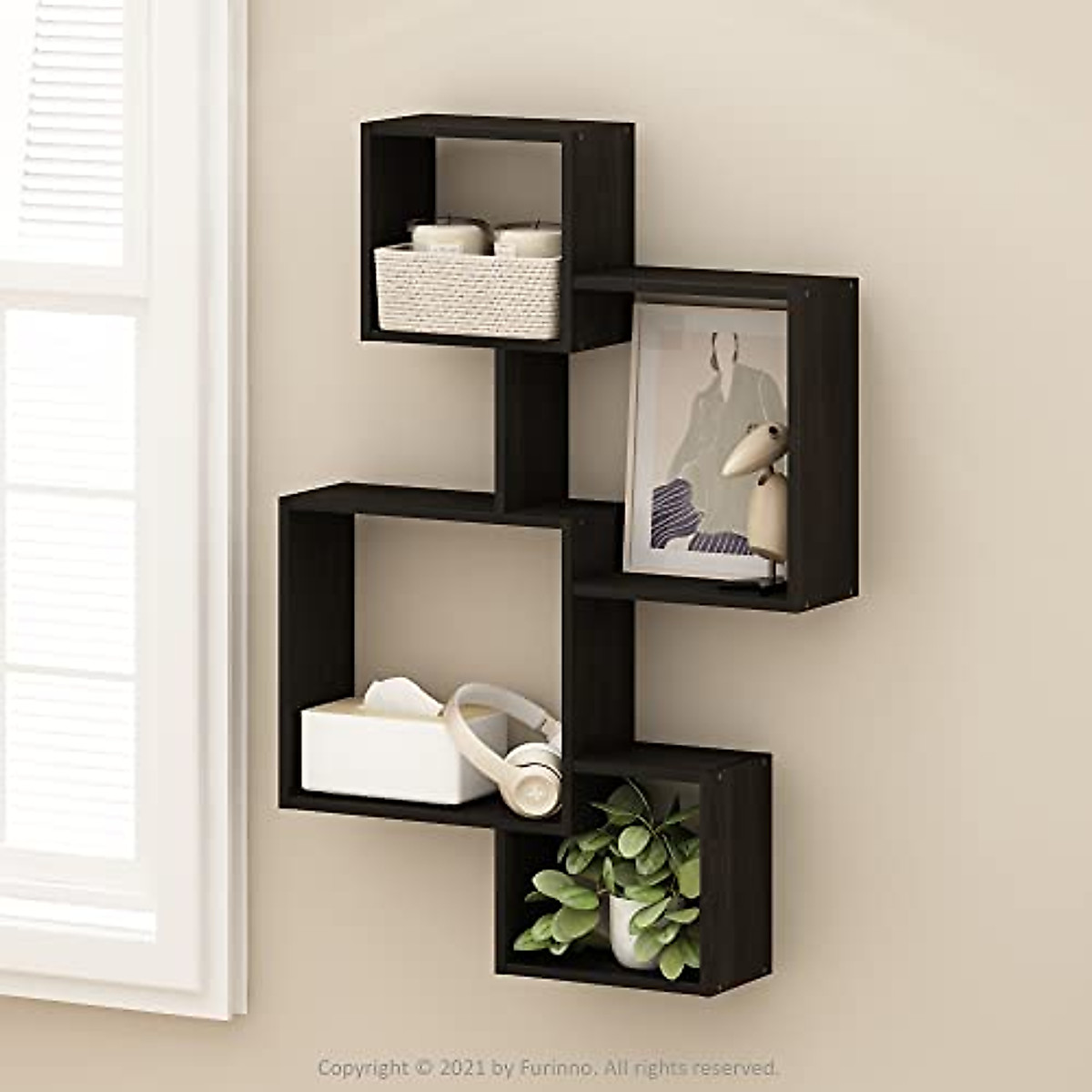 Furinno Rossi Interweave Wall Mount Floating Cube Shelf, Set of 4, Espresso