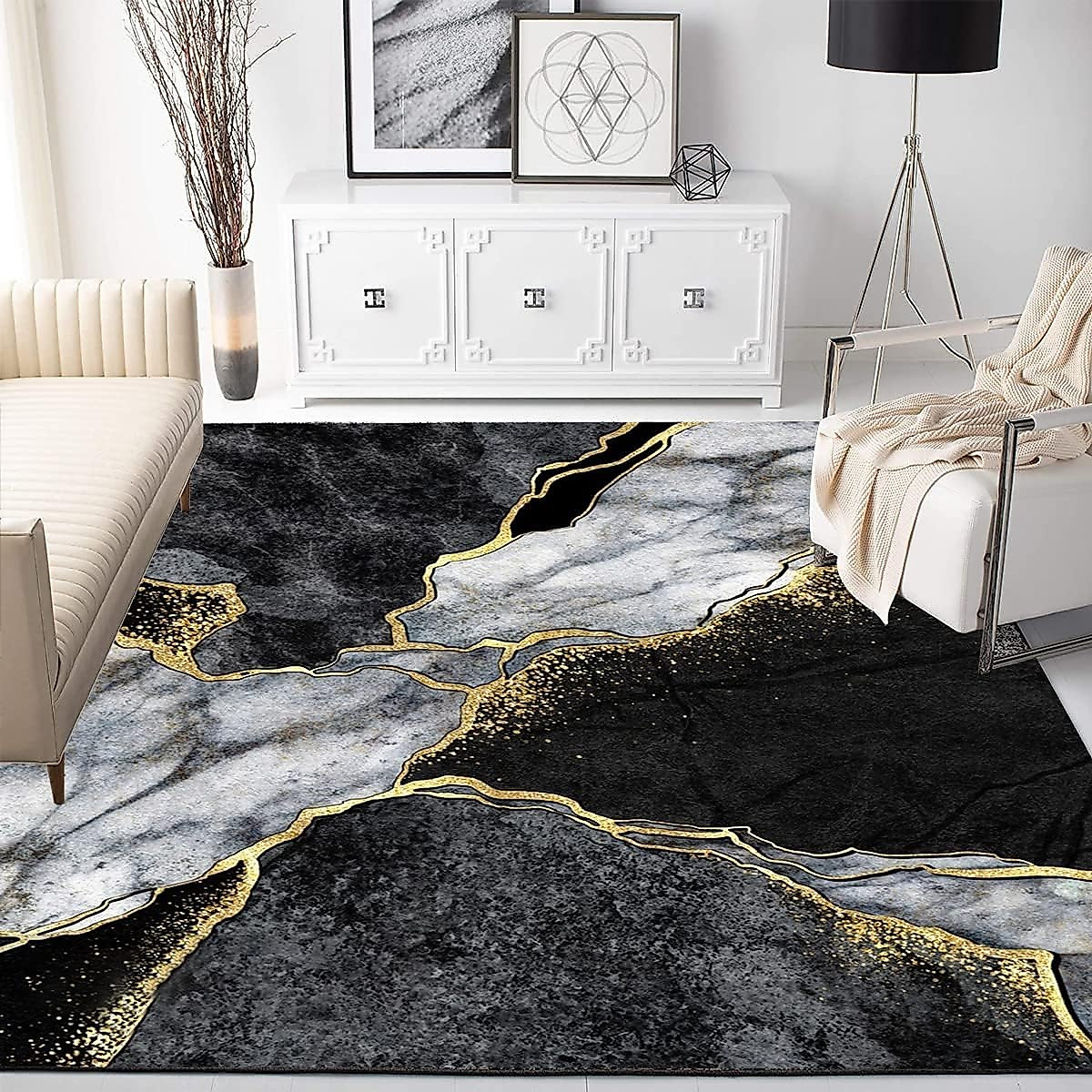 Modern Aesthetic Grey Black Gold Marble Abstract Area Rug 5x7 Non-Shedding Soft Rug for Livingroom Bedroom Diningroom Indoor Office Kitchen Floor Carpet
