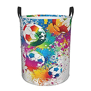Laundry Basket,Colored Splashes All Over Soccer Balls Score Championship Athletic,Large Canvas Fabric Lightweight Storage Basket/Toy Organizer/Dirty Clothes Collapsible Waterproof For College Dorms-Large