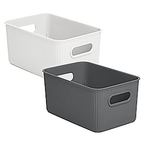 Superio Ribbed Plastic Storage Basket Organizer, White and Grey, 5 Liter- Stackable Classic Closet Storage Bin for Shelf, Desk, Pantry- Store Toys, Clothes, Cosmetics,
