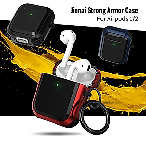 Jiunai for AirPods Case AirPods 2 Case with Keychain Protective Shockproof Full Body Armor Thick Wireless Charge Supported Cool Case with Carabiner for AirPods 1st & 2nd Gen LED Visible Black Red
