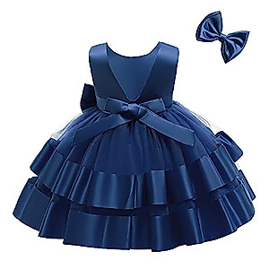 WZSYGDTC 3M-6T Flower Girl Ruffle Lace Tulle Dresses Thanksgiving Day Dress Christmas Tutu Gown Toddler Formal Dress (Navy, 3 Months-6 Months)