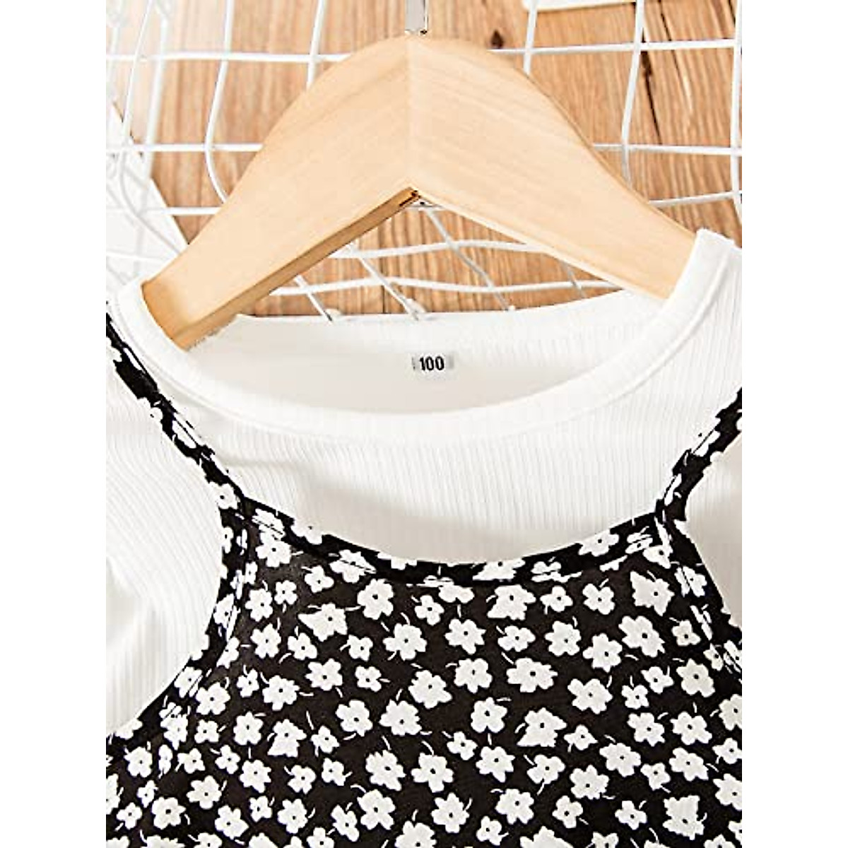 MakeMeChic Baby Girl's 2 Piece Outfits Solid Short Sleeve Tee Shirt Floral Cami Dress Set Black and White 110
