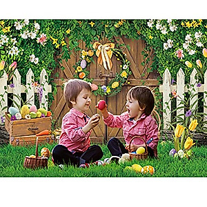 Maijoeyy 7x5ft Spring Easter Backdrop Wood Barn Door Green Grass Easter Photoshoot Background Easter Backdrops for Photography Spring Flowers Easter Photo Backdrop for Kids Easter Party
