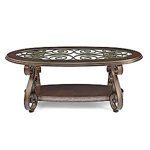 52" Cocktail Table Coffee Table, Rustic Glass Coffee Table Cocktail Tables with MDF W/Marble Paper Middle Shelf, Powder Coat Finish Metal Legs for Living Room, Office