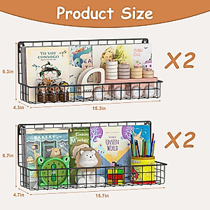 Wall Mounted Metal Kids Bookshelf, Floating Book Shelves for Kids Nursery Toddler Classroom, Hanging Book Shelf Organizer for Room Decor, Black, Set of 4