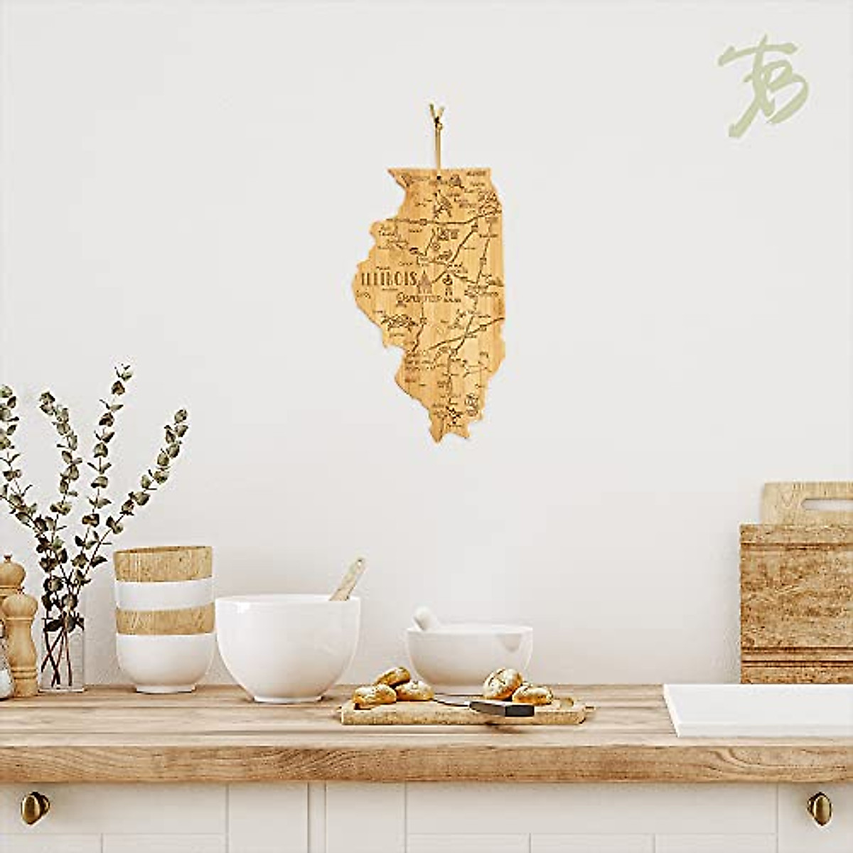 Totally Bamboo Destination Illinois State Shaped Serving and Cutting Board, Includes Hang Tie for Wall Display