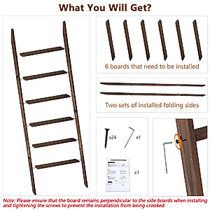 DEDU 6-Tier Blanket Ladder Wooden, 5.5FT (66.5") Blanket Towel Holder Rack Decorative Ladder, Rustic Farmhouse Ladder Shelf Easy Assembly for Living Room Bathroom Bedroom Home Decor (Brown)