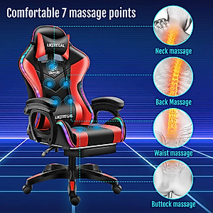 Floor Gaming Chair-135°Reclining Adjustment Gaming Chairs for Adults, with Massager Lumbar Support and Telescopic Footrest Ergonomic Office Chair, Race Game Chair (Black red)