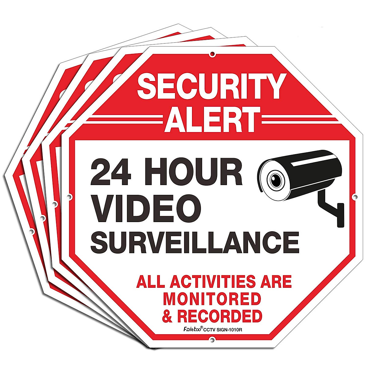 Faittoo (4 Pack) Security Alert, 24 Hour Video Surveillance, All Activities Monitored Signs,10 x 10 .040 Aluminum Reflective Warning Sign for Home Business CCTV Security Camera, Indoor or Outdoor Use