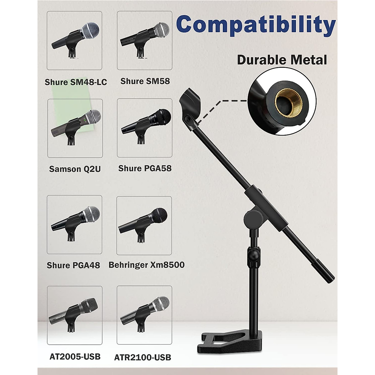 Mictop Desktop Microphone Stand, Adjustable Mic Stand with Boom Arm, Mic Clip Holder and 3/8" to 5/8" Screw Adapter for Dynamic Microphone and Blue Snowball, Blue Yeti, Kick Drums, Guitar Amps