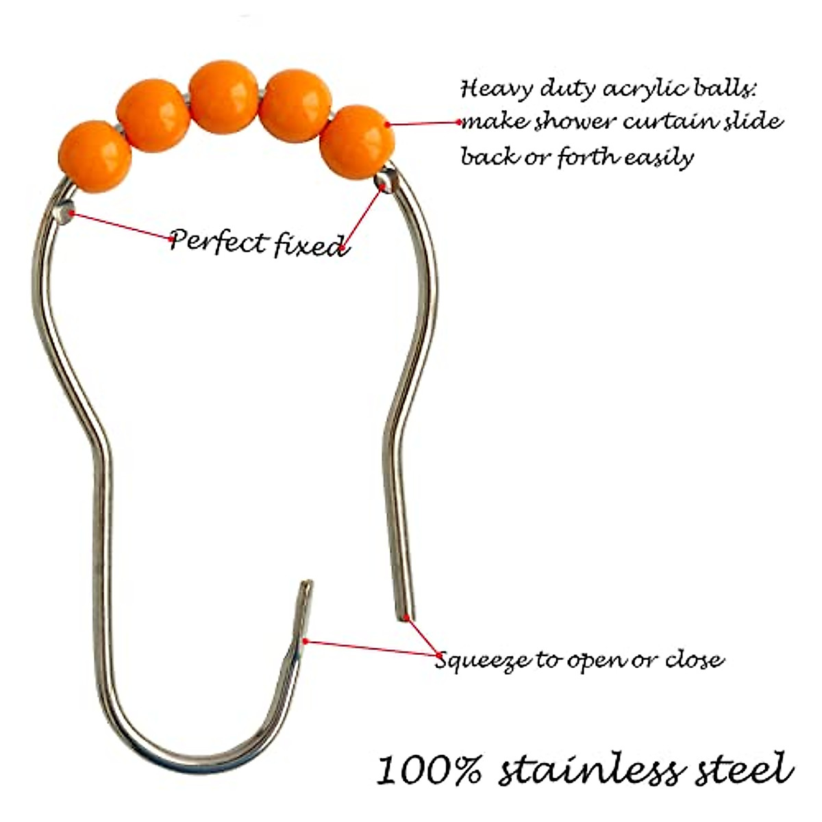 Shower Curtain Rings Hooks Decorative Acrylic Roller Balls Stainless Steel Heavy Duty for Bathroom Curtain (12pcs-Orange)