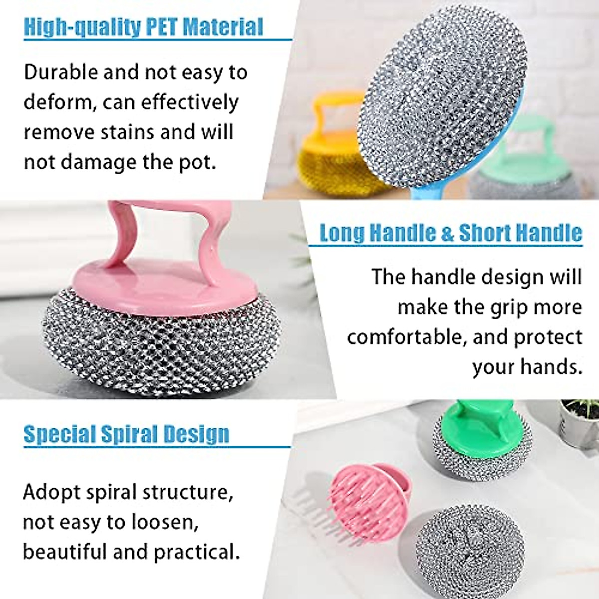 Stainless Steel Sponges Set with Handle, FULANDL 6PCS Steel Wool Scrubber With 3PCS Cellulose Sponge Cloths 2PCS Dual-Sided Scrub Sponges, Scrubbing Scouring Pad Dishes Scrub Cleaning Ball for Kitchen