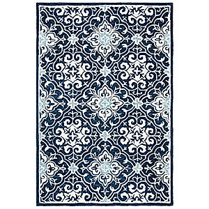 SAFAVIEH Roslyn Collection Accent Rug - 2' x 3', Navy & Light Blue, Handmade Floral Wool, Ideal for High Traffic Areas in Entryway, Living Room, Bedroom (ROS603N)