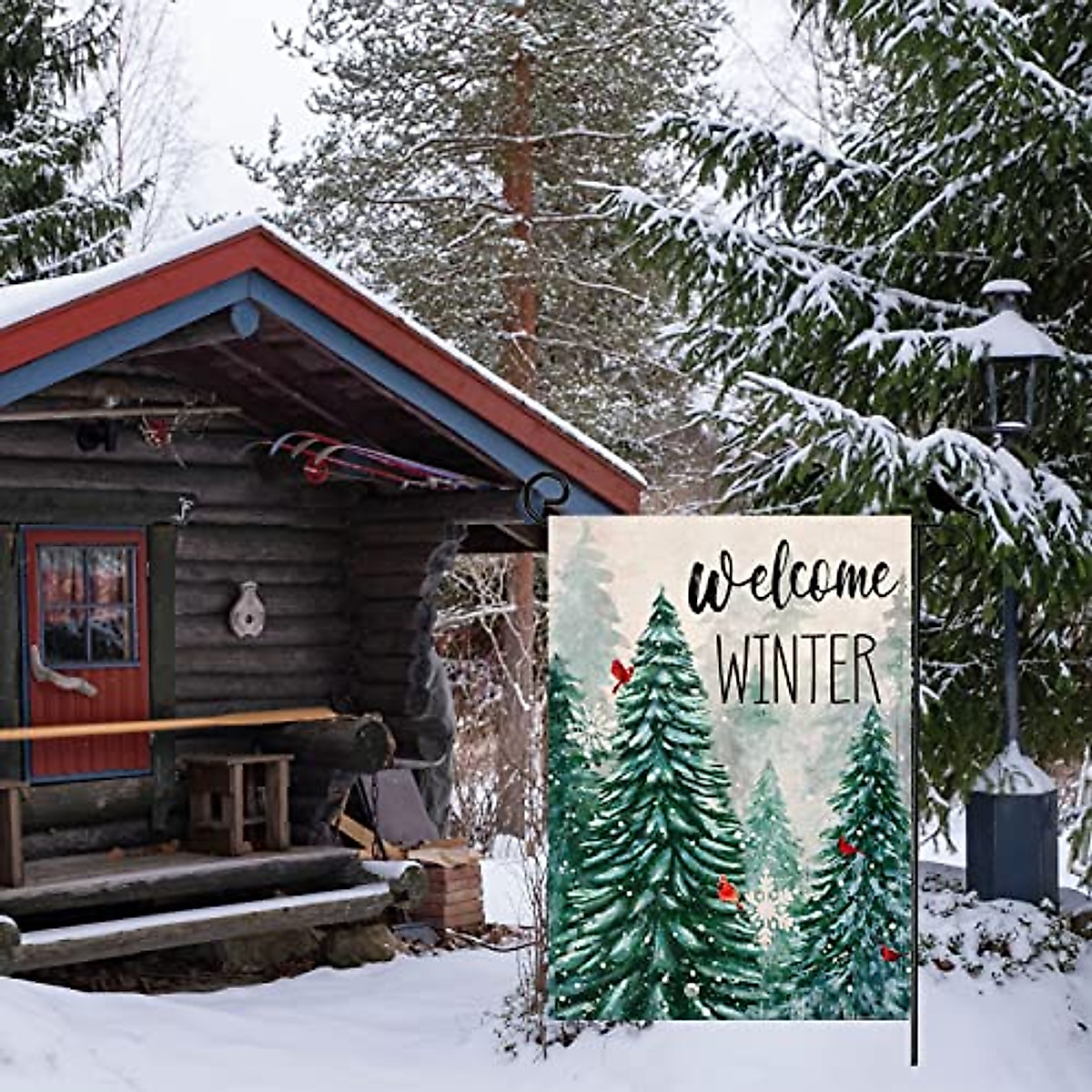 Welcome Winter Pines Tree Garden Flag Double Sided Cardinal Red Bird Christmas Garden Flag for Outside Xmas Farmhouse Seasonal Outdoor Flag