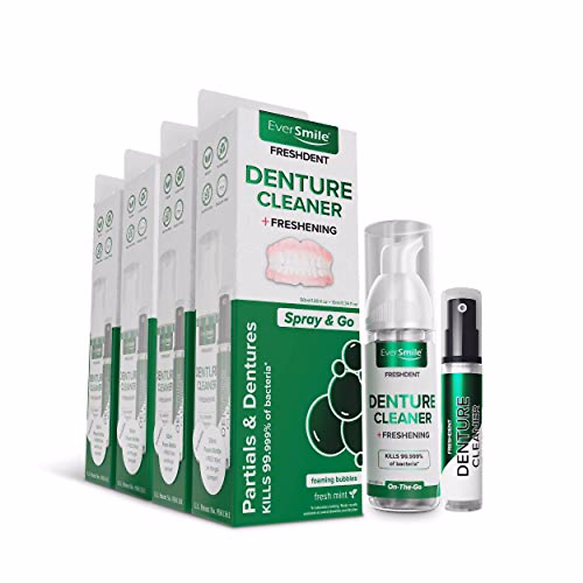 FreshDent Denture & Partial Cleaner - On The Go Dental Cleaning & Teeth Whitening Spray. Kills Bacteria & Freshens Bad Breath Mint Flavored (4pk)