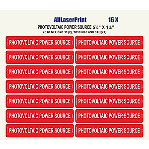 Photovoltaic Labels for PV Solar System_"PHOTOVOLTAIC Power Source" _5¾” X 1⅛" _Pack of 16