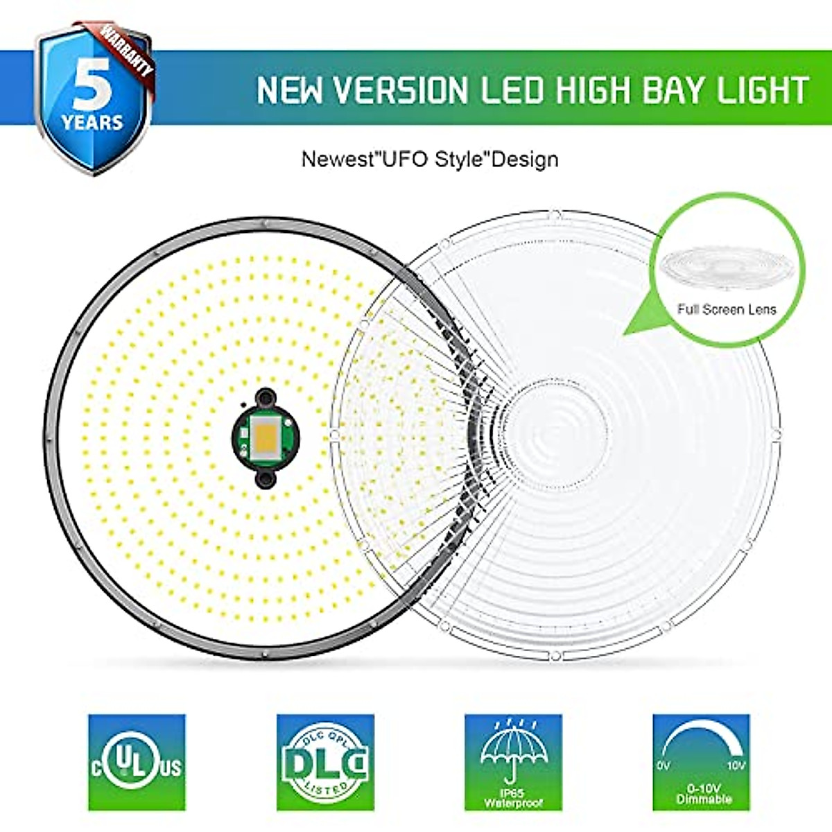 KUKUPPO LED High Bay Light 240W UL/DLC Certified 36,000LM 5000K High Bay LED Shop Light, Full Screen Lens Cover 0-10V Dimmable LED Warehouse Lights AC100-277V [1000W HPS/HID Equiv]