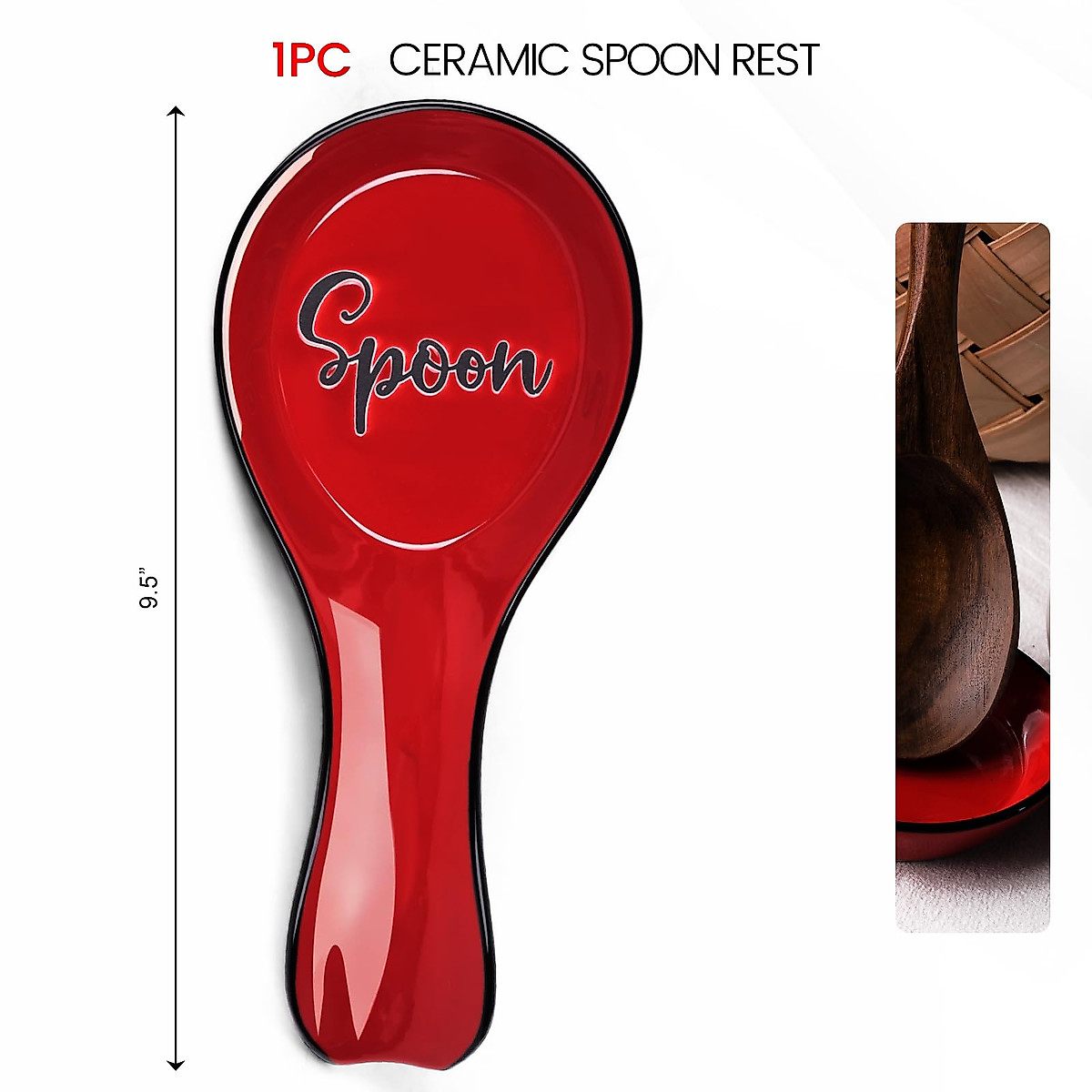 HAKSEN Ceramic Spoon Rest, Large Spoon Holder for Stove Top 9.5 Inch Red Utensil Rest for Kitchen Counter Ladle Spatula