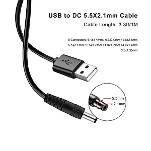 5V DC Power Cable, USB to DC 5.5x2.1mm Plug Charging Cord with 8 Connectors Adapters fit for Speaker, Router, LED Light, Moon Lamp and More 5Volt 3Amp Electronics