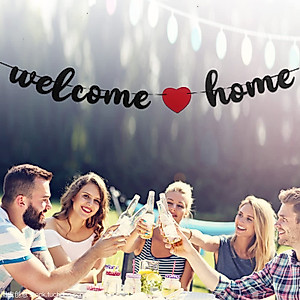Welcome Home Banner and Sign Decor Black Glitter Pre-Strung Banner for House Warming Military Army Homecoming Party Decorations (Style-1)