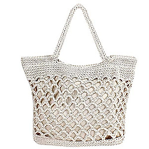 Adela Women Girl Straw Woven Handbag Beach Crochet Bag Travel Large Capacity Tote (Off-white)