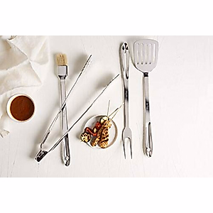 All Clad BBQ Tool Set, Grill Accessories, 4 Pieces: Fork, Brush, Locking Tongs and Turner. Stainless Steel, Silver