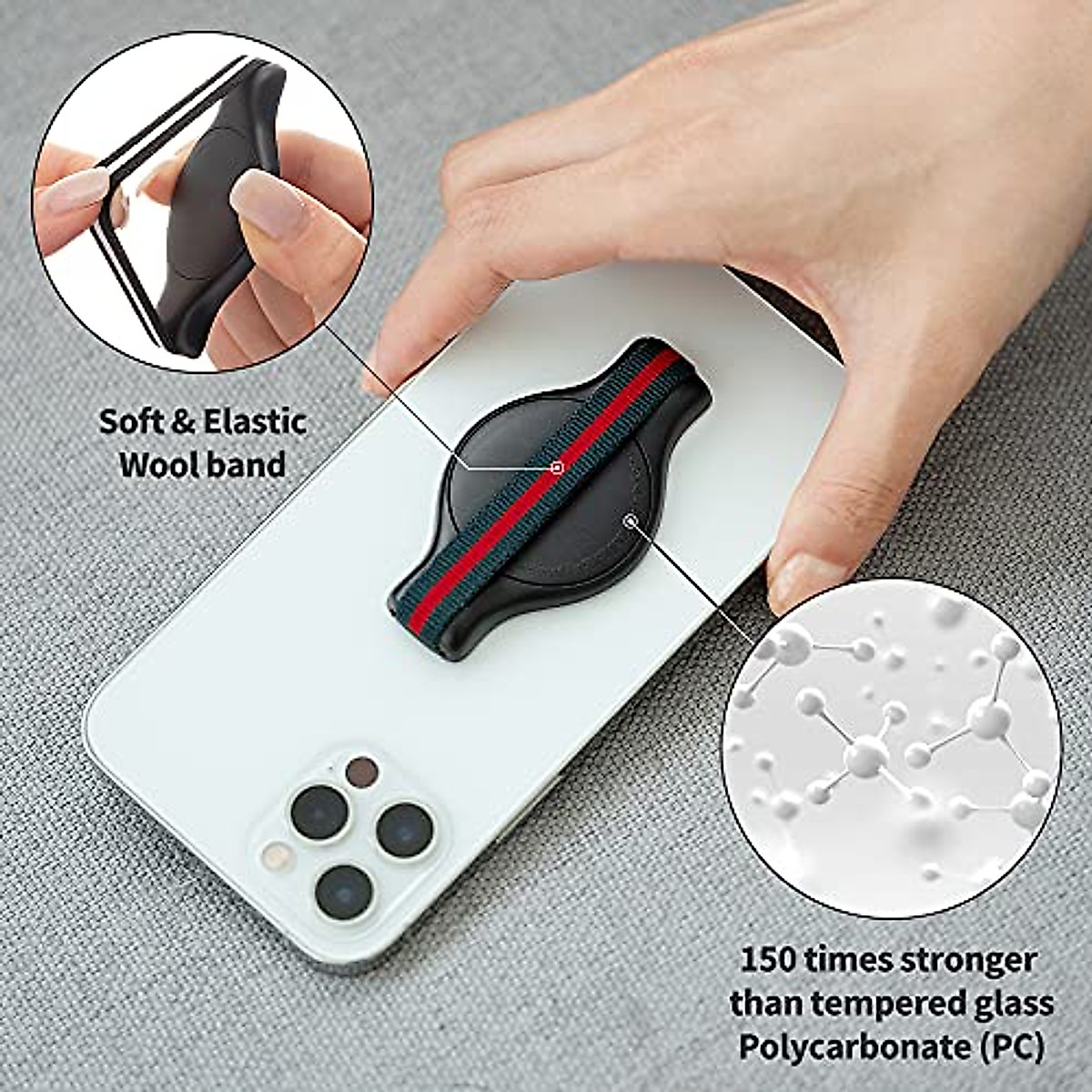 Sinjimoru Detachable Wool-Band Phone Grip Holder, Wireless Charging Compatible Cell Phone Holder for Hand for Galaxy & iPhone Case. Sinji Mount Mini Grip French Red