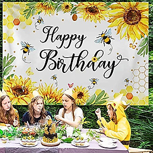 Bee Happy Birthday Backdrop Cute Bee Honeycomb Photography Background Gold Bee Theme Birthday Party Decorations Banner, Bee Baby Shower Backdrop 7x5ft